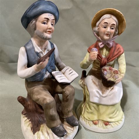 Vintage Ceramic Old Man And Woman Figurines Sitting Bisque Collectable 5