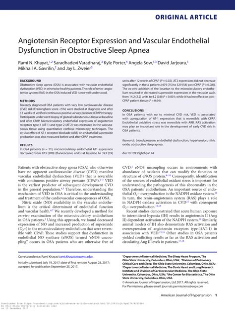 Pdf Angiotensin Receptor Expression And Vascular Endothelial Dysfunction In Obstructive Sleep