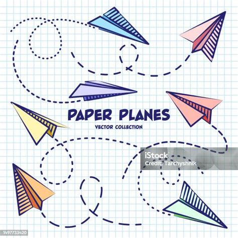 바둑판 무늬 종이 시트에 손으로 그린 비행기 그림을 그리기 위한 학교 공책 낙서 비행기 점선 노선 항공기 아이콘 간단한 화려한 비행기 실루엣 윤곽선 라인 아트 벡터 그림