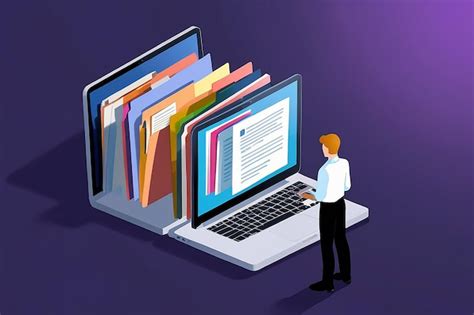 Flat 3d Isometric Businessman Manage Folders And Files On Laptop Screen Administration And