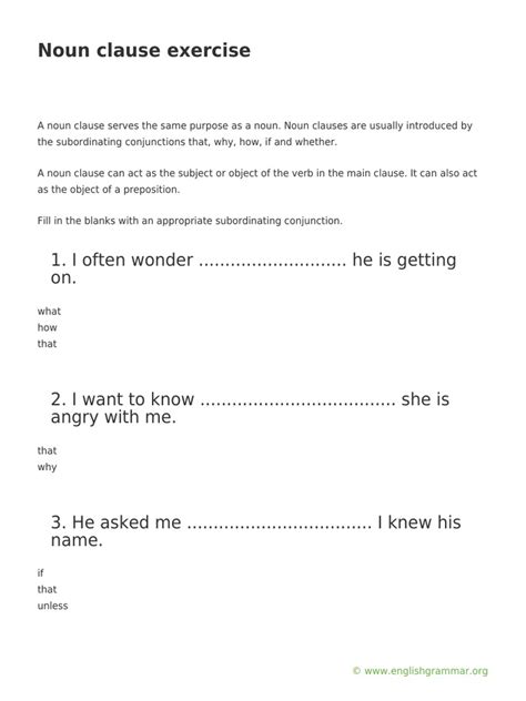 noun clause exercise pdf clause noun