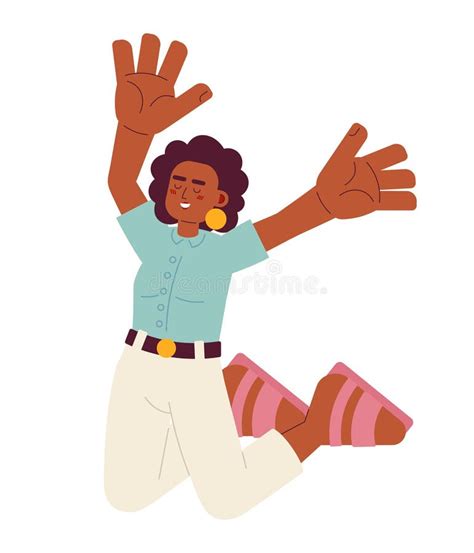 Ecstatic Woman High Up Jumping Semi Flat Color Vector Character Stock Illustration