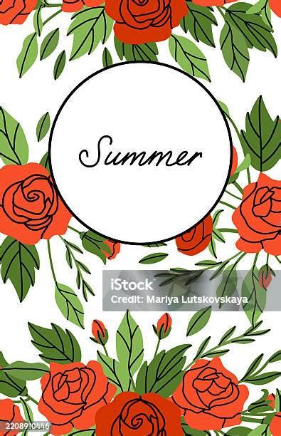 장미 배경 붉은 꽃과 녹색 잎 장식 배너 봄 여름 우아한 수직 포스터 꽃다발 식물 장식 전단지 벡터 만화 평면 고립 된 그림 0명에 대한 스톡 벡터 아트 및 기타 이미지