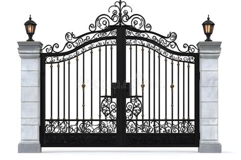 Ornate Wrought Iron Gate With Decorative Scrollwork Isolated On White Background Stock