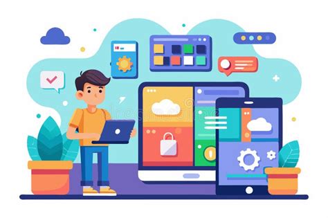 A Young Man Stands With A Laptop Preparing For App Installation Surrounded By Vibrant Digital