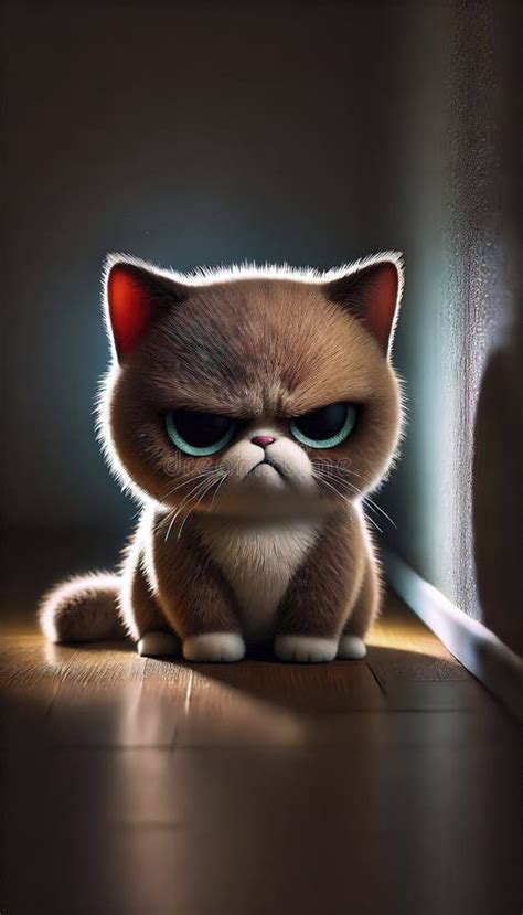 Grumpy Kitty Stands Defiantly Against A Wall In A Playful Pose Stock