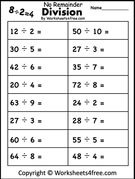Free Horizontal Division 2 By 1 Worksheet No Remainder