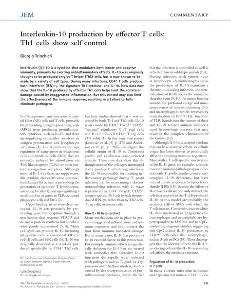 Pdf Interleukin 10 Production By Effector T Cells Th1 Cells Show Self Control