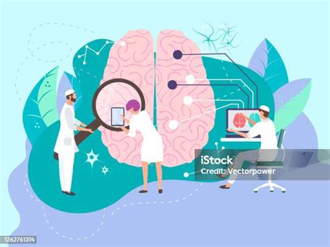 작은 캐릭터 의사 남성 보유 돋보기 연구 인간의 뇌 플랫 벡터 일러스트 컴퓨터 앉아 생물학 치료 과학자 남자 알츠하이머병에 대한 스톡 벡터 아트 및 기타 이미지 Istock