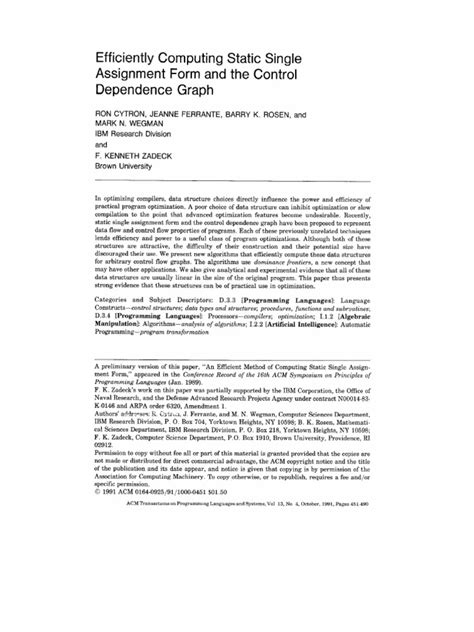 Efficiently Computing Static Single Assignment Form And The Control Dependence Graph Pdf