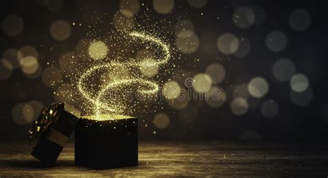 Magical Golden Glitter Exploding From Open T Box Stock Illustration