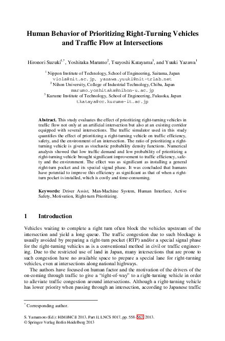 Pdf Human Behavior Of Prioritizing Right Turning Vehicles And Traffic Flow At Intersections
