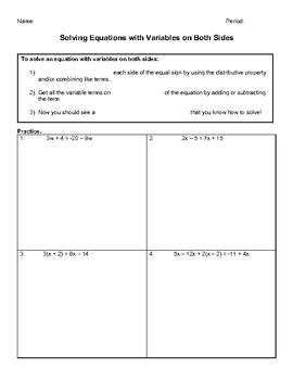 Solving Linear Equations with Variables on Both Sides Worksheet | TPT