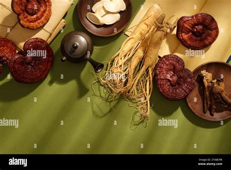 Photo For Medicine Advertising Some Rare Herbs Decorated Fresh Ginseng Roots Red Ginseng