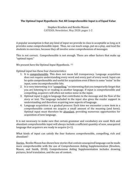 The Optimal Input Hypothesis Not All Comprehensible Input Is Of Equal