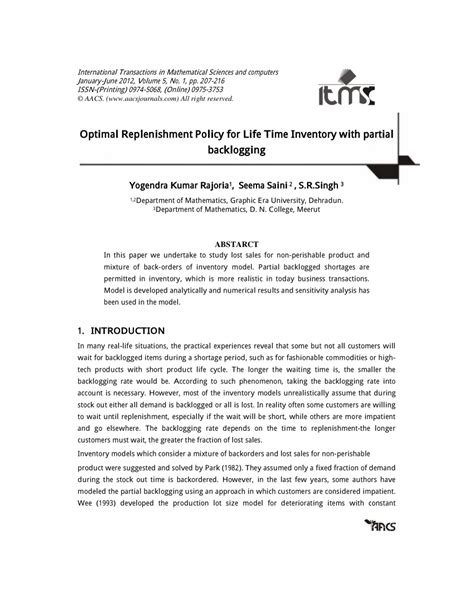 Pdf Optimal Replenishment Policy For Life Time Inventory With Partial Backlogging