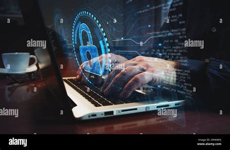 Cyber Security And Digital Computer Protection With Padlock Symbol And Man Typing Computer