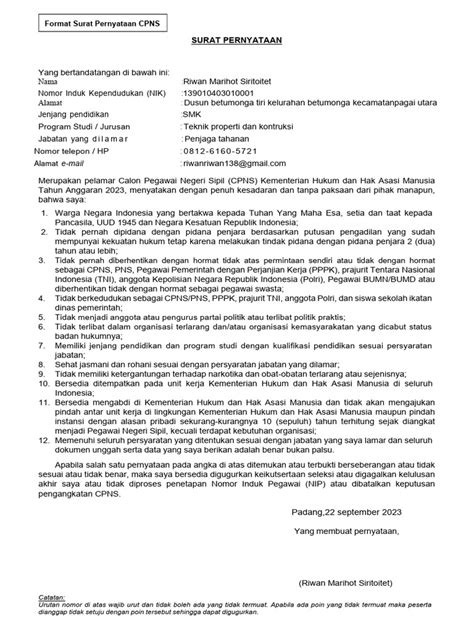 Surat Pernyataan Cpns 2023 3 1 1 Pdf Riwan Marihot Siritoitet Pdf
