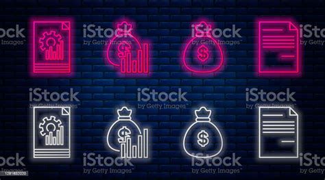 세트 라인 머니 백 및 다이어그램 그래프 머니 백 그래프 차트 및 문서 문서 벽돌 벽에 빛나는 네온 아이콘 벡터 0명에 대한