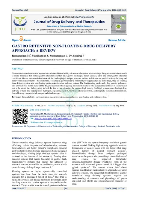 Pdf Gastro Retentive Non Floating Drug Delivery Approach A Review