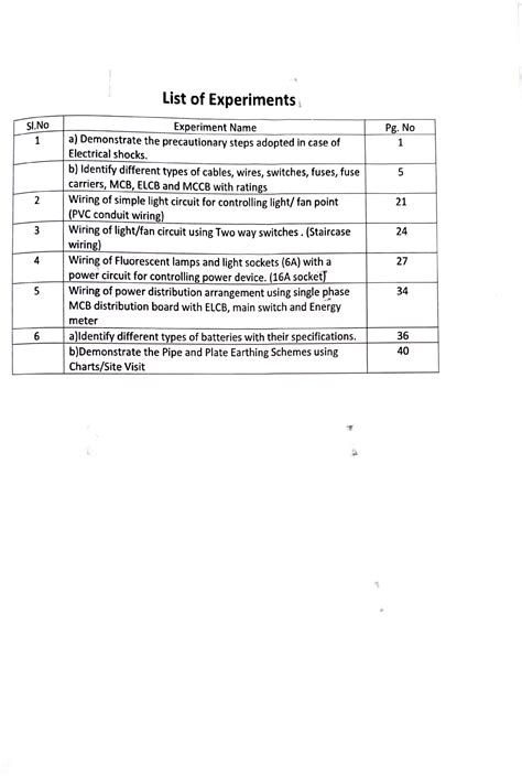 Electrical Workshop Lab List Of Experiments SI ExperimentName Pg No A Demonstrate The