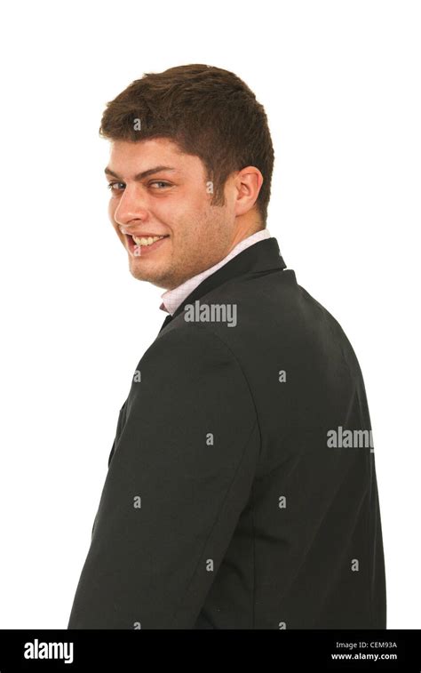 Laughing Business Man Looking Back Over His Shoulder Isolated On White