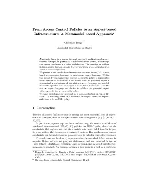 Pdf From Access Control Policies To An Aspect Based Infrastructure A Metamodel Based Approach