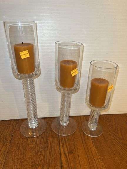 3 Glass Pedestal Candle Holders Kaufman Realty And Auctions