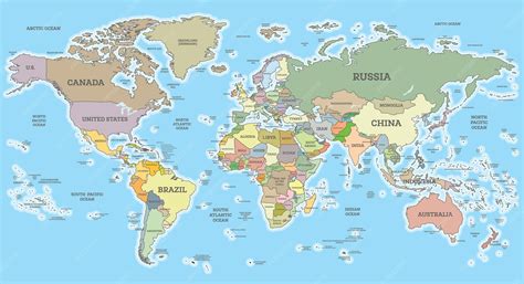 Mapa Múndi Com Fronteiras E Países Projeção Cilíndrica Vetor Premium