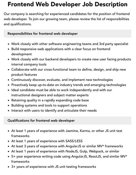Frontend Web Developer Job Description Velvet Jobs