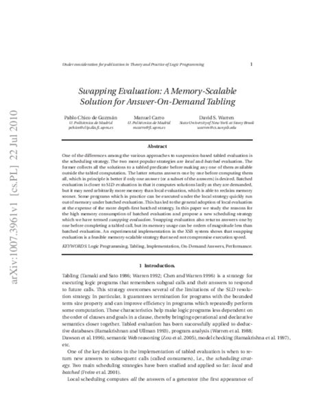 Pdf Swapping Evaluation A Memory Scalable Solution For Answer On Demand Tabling