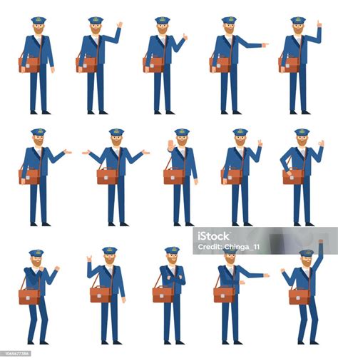 우편 배달 부 문자 보여주는 다양 한 손 제스처 설정 합니다 쾌활 한 우체부 가리키는 인사말 위로 승리 손 엄지와 다른 제스처를 보여주는 가리키기에 대한 스톡 벡터 아트 및