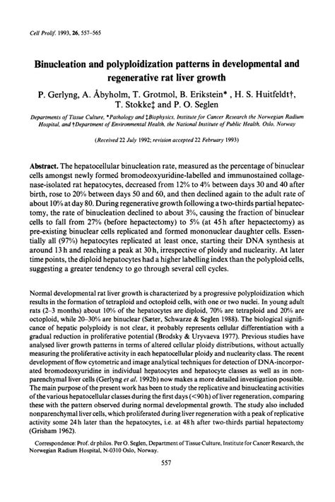 Pdf Binucleation And Polyploidization Patterns In Developmental And Regenerative Liver Growth