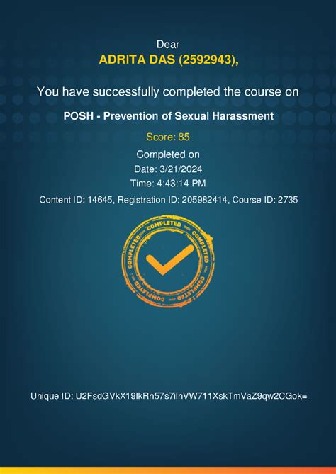 2592943 Posh Prevention Of Sexual Harassment Completion Certificate