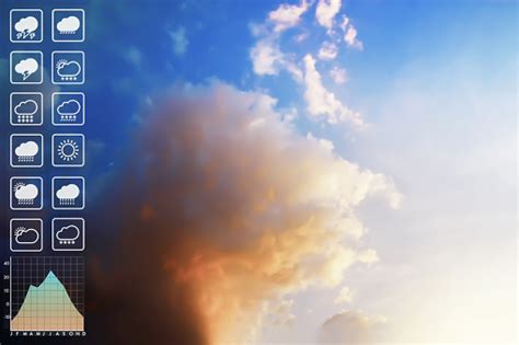 다채로운 황혼 열대 하늘과 부드러운 구름 배경의 극적인 대기 파노라마보기에 그래프와 차트와 일기 예보 기호 데이터 프리젠 테이션 0명에 대한 스톡 사진 및 기타 이미지