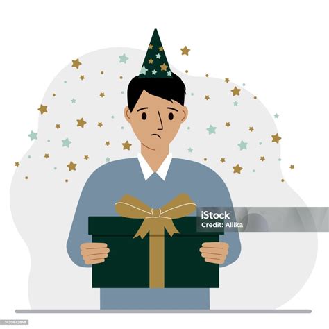 축제 모자를 쓴 남자가 활이 달린 큰 선물 상자를 들고 있습니다 놀라움에 대한 스톡 벡터 아트 및 기타 이미지 놀라움 디자인 벡터 Istock
