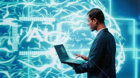 Computer Scientist Solving Tasks On Laptop Running Artificial Intelligence Programming Scripts