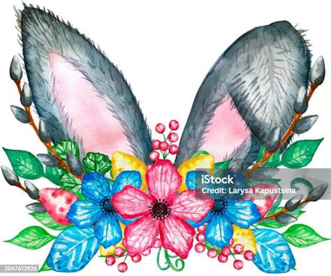 수채화 토끼 귀 그림입니다 봄 꽃다발을 가진 토끼 꽃이 피고 버드나무와 토끼 귀 부드러운 장미 가지 녹색 잎 초대장 인사말 카드 포스터에 적합 가막살나무에 대한 스톡 벡터