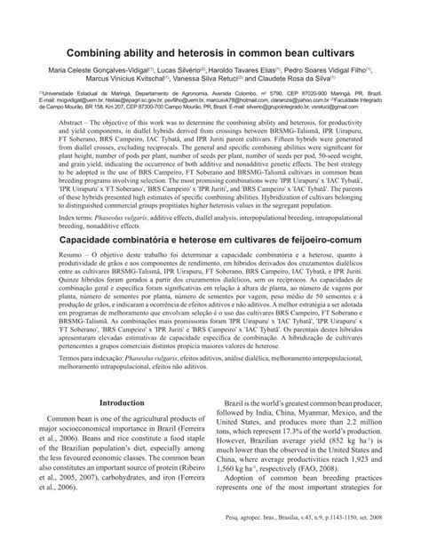 Pdf Combining Ability And Heterosis In Common Bean Cultivars