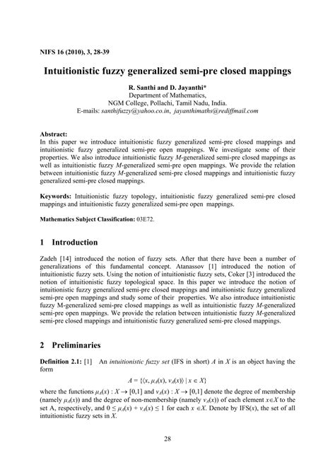 Pdf Intuitionist Fuzzy Almost Generalized Semi Pre Closed Mappings