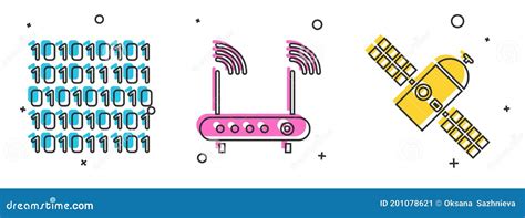 set binary code router and wi fi signal and satellite icon vector