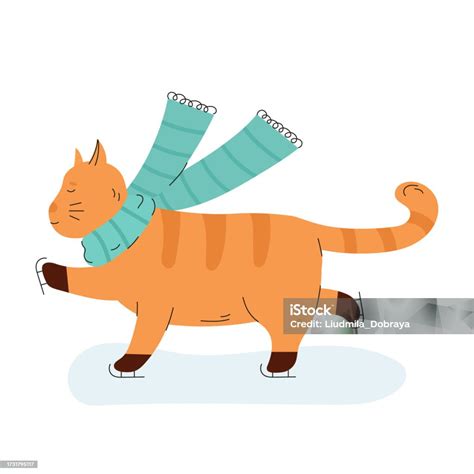 스카프를 가진 고양이는 아이스 링크에서 스케이트를 탄다 귀여운 캐릭터 피겨 스케이팅 만화 간단한 플랫 스타일로 겨울 재미의 벡터 그림 0명에 대한 스톡 벡터 아트 및 기타