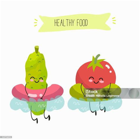 오이와 토마토의 재미있는 만화 캐릭터가 풍선 서클 건강 식품 재료 아이 티셔츠 디자인에서 수영하는 벡터 그림 가공의 인물에 대한 스톡 벡터 아트 및 기타 이미지 Istock