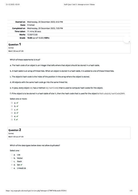 Self Quiz Unit 5 Attempt Review Home Started On Wednesday 20 December 2023 6 52 Pm State