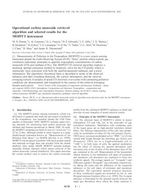 Pdf Operational Carbon Monoxide Retrieval Algorithm And Selected Results For The Mopitt Instrument