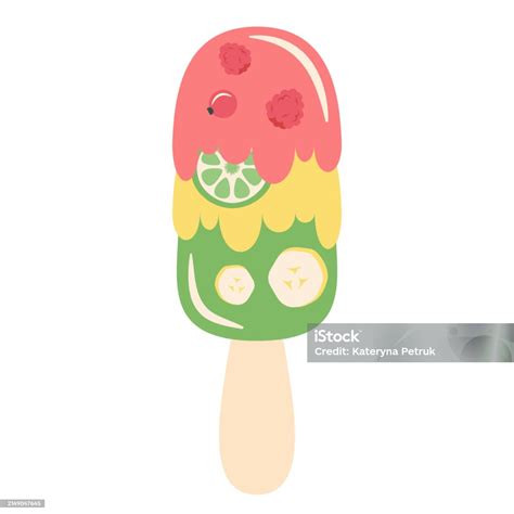 다양한 과일 토핑과 풍미가 있는 맛있는 달콤한 프로즌 요거트 스틱 장식 딸기 과일 유약에 맛있는 아이스크림 냉동 주스 아이콘이