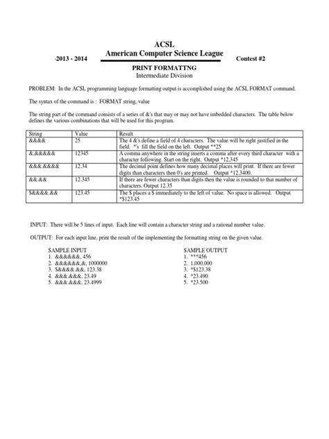 Acsl Computer Science Leage Contest 2 Pdf