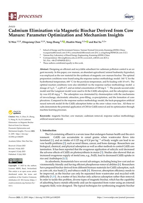 Pdf Cadmium Elimination Via Magnetic Biochar Derived From Cow Manure Parameter Optimization