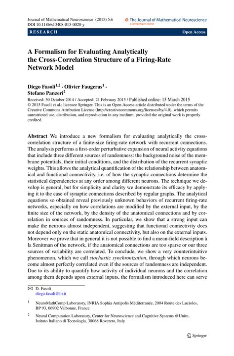 Pdf A Formalism For Evaluating Analytically The Cross Correlation Structure Of A Firing Rate