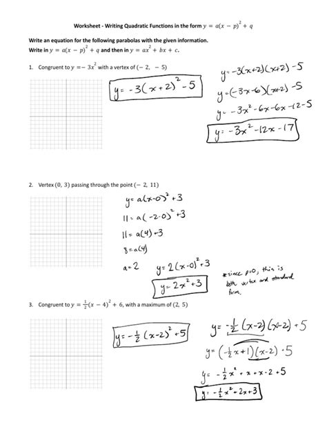 20 1 U1l21 Worksheet Key Writing Quadratic Functions In The Form